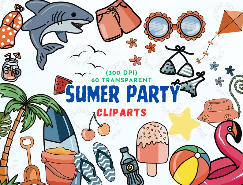 Watercolor Summer Clipart, Sun Beach Ball Flamingo PNG, Seasonal Party ...