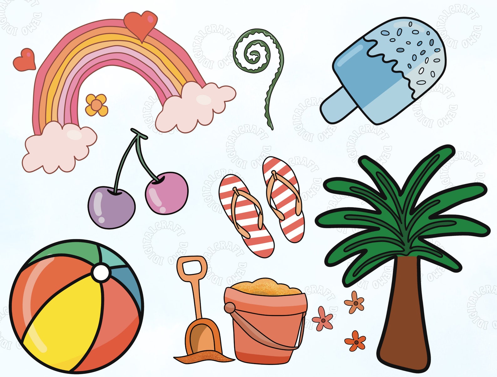 Watercolor Summer Clipart, Sun Beach Ball Flamingo PNG, Seasonal Party ...