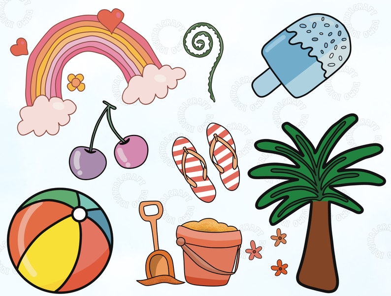 Watercolor Summer Clipart, Sun Beach Ball Flamingo PNG, Seasonal Party ...
