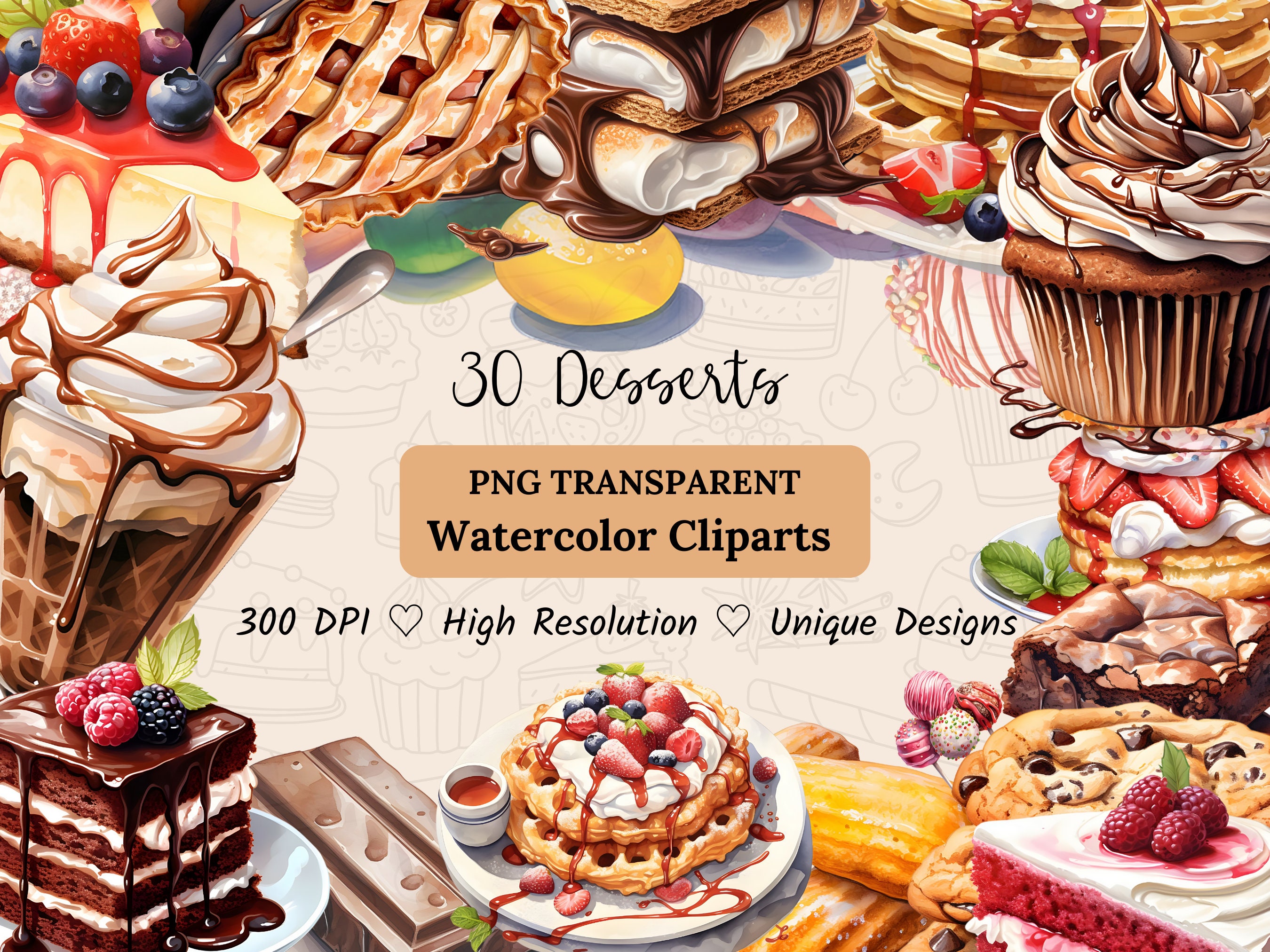 Sweet Dessert Watercolor Clipart, Cakes & Pastries PNG, Bakery Clipart ...