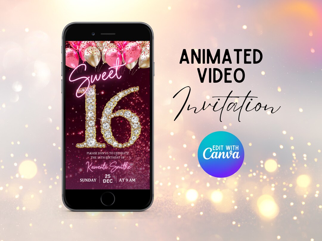 Digital Sweet 16 Birthday Invitation, Animated 16th Party Invite, Cute ...