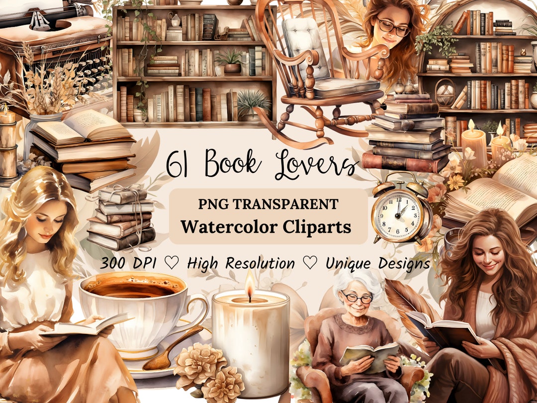 Watercolor Book Lover Clipart, Bookworm Clipart, Books Clipart, Reading ...