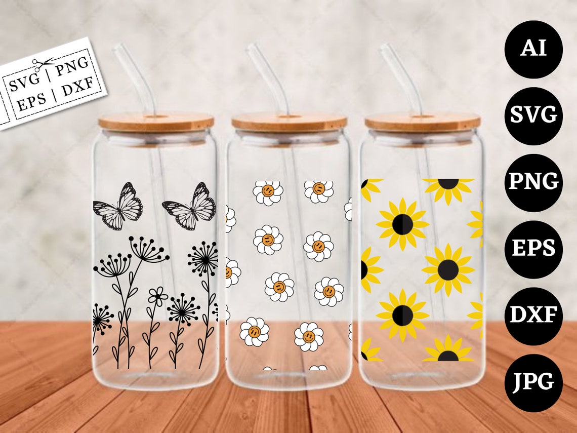Glass Can Svg Bundle, Glass Can Svg, Coffee Glass Wrap Svg, Floral Wrap ...