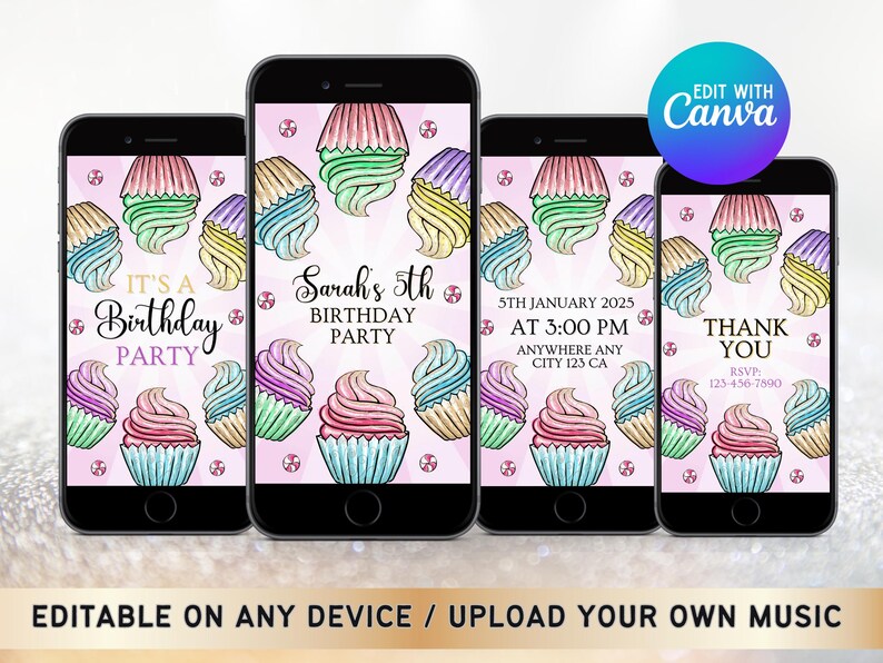 Editable Cupcake Birthday Party Digital Video Invite, Cupcake ...
