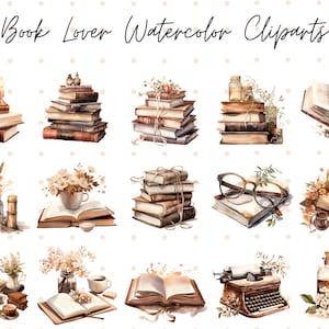 Watercolor Book Lover Clipart, Bookworm Clipart, Books Clipart, Reading ...