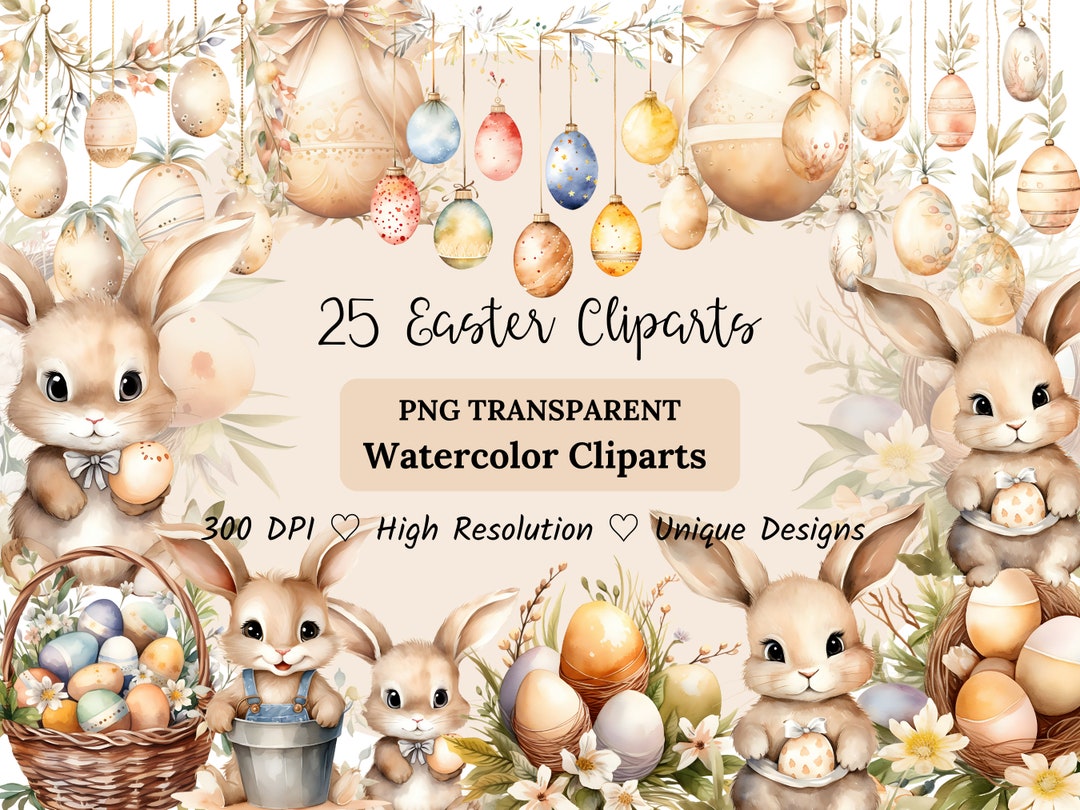 Watercolor Easter Clipart Bundle, Bunny & Egg Png, Easter Basket, Boho ...