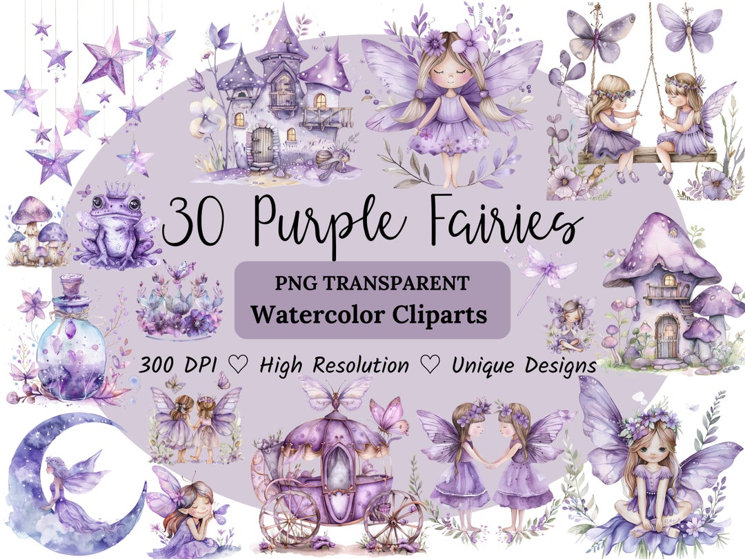 Watercolor Fairies Png Set, Purple Fairy & Butterfly Clip Art, Magical ...
