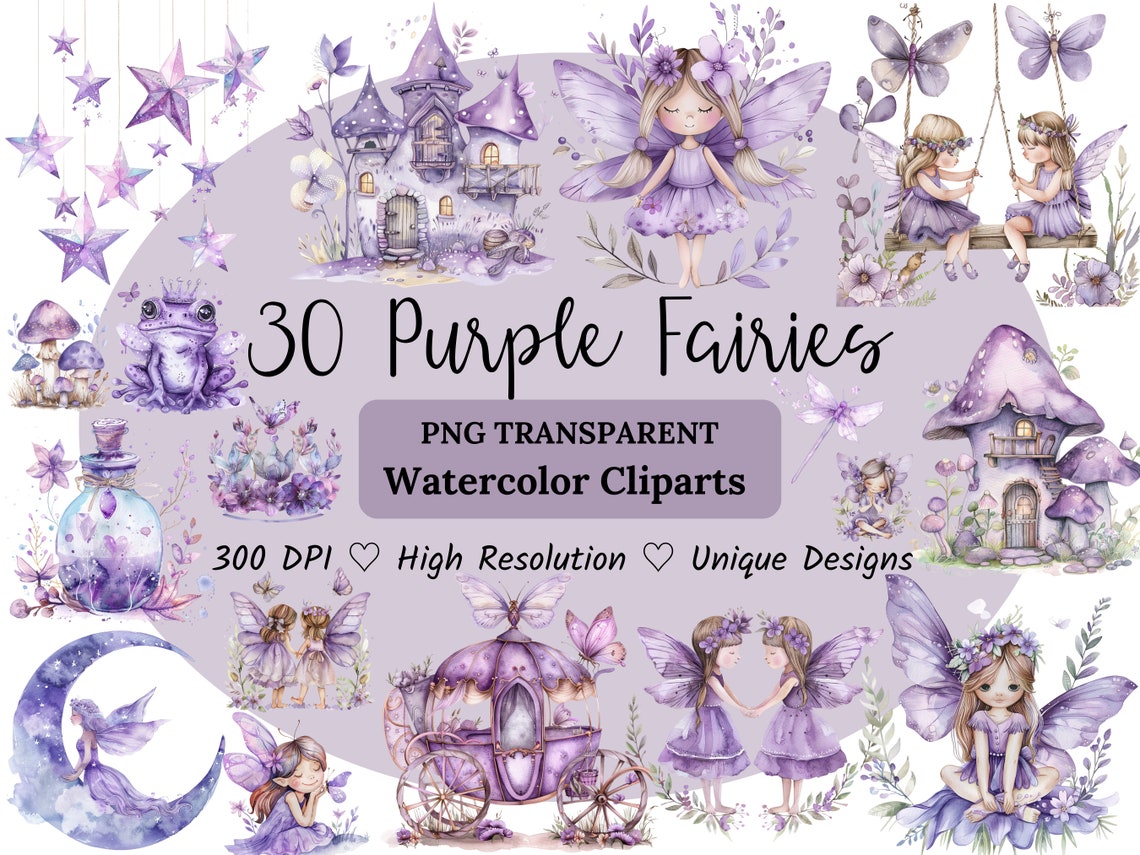 Purple Fairies Watercolor Clipart, Watercolor Fairies Clipart ...