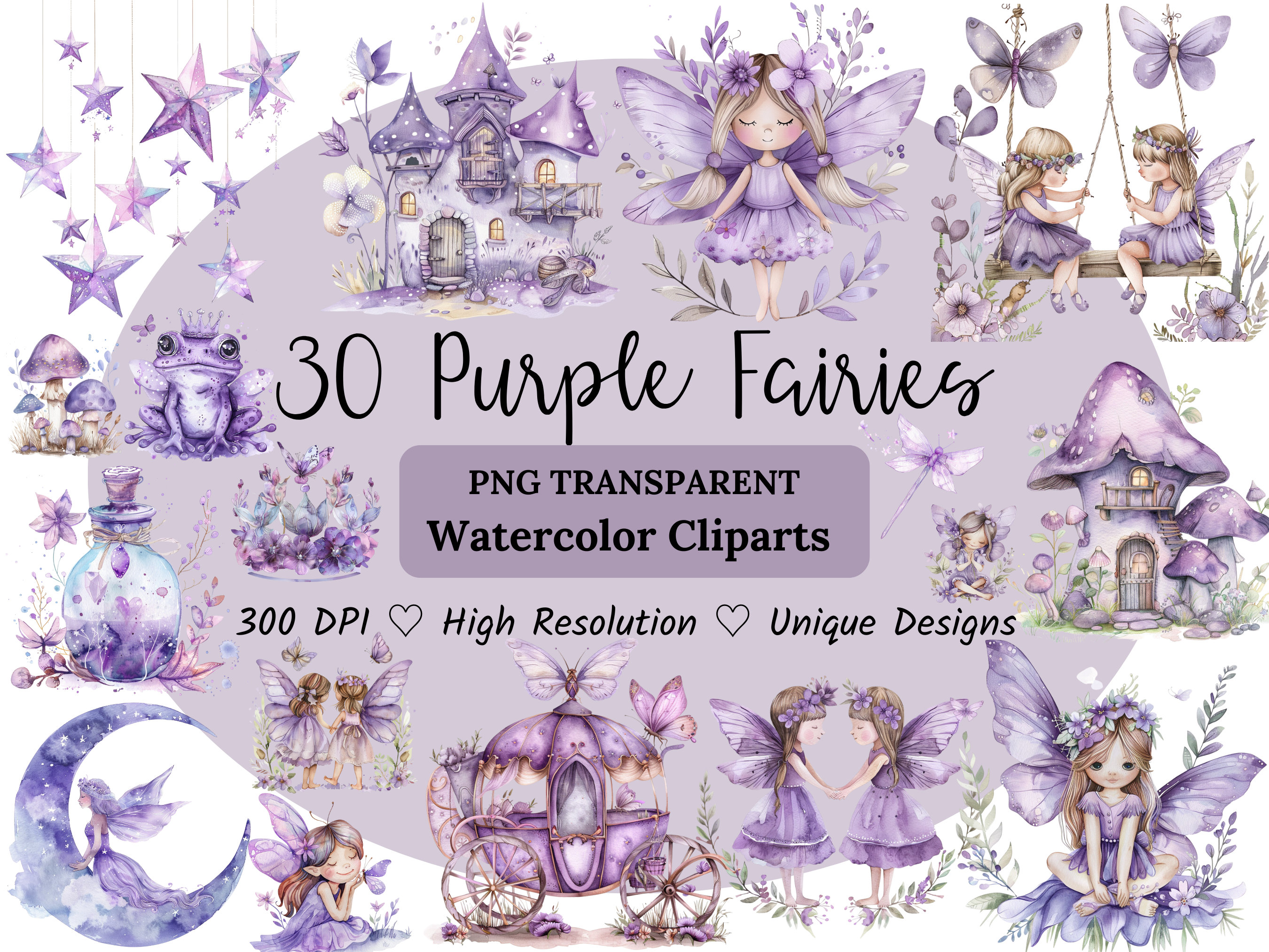 Purple Fairies Watercolor Clipart, Watercolor Fairies Clipart ...