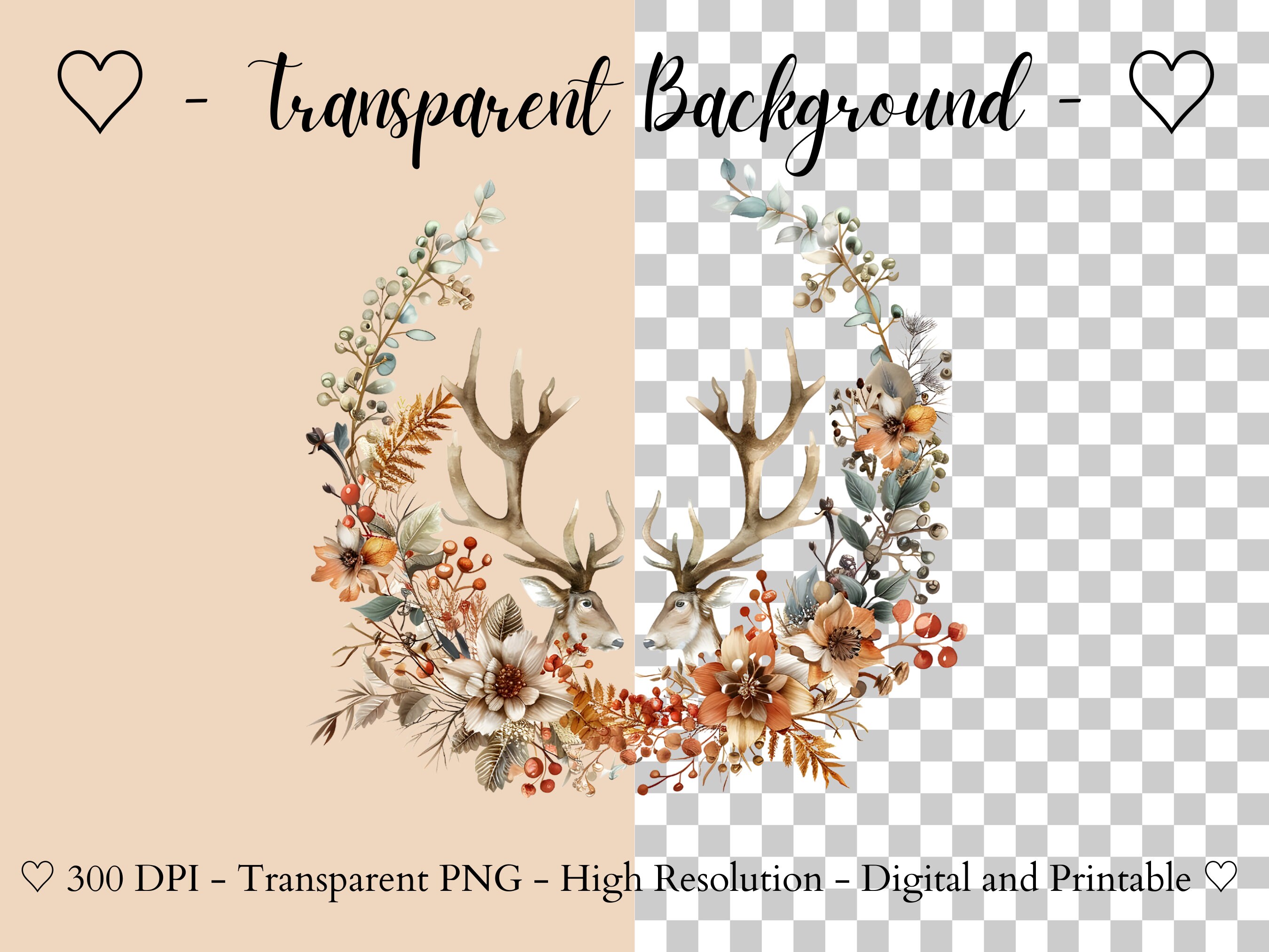 Watercolour Deer Wreath Clipart, Floral Deer Wreath Clipart, Floral ...