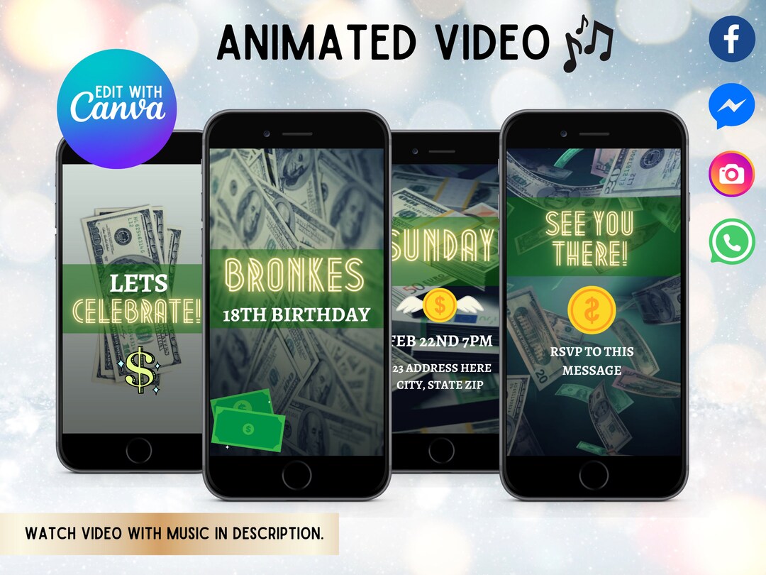 Money Theme Party Video Invitation | Animated Digital Invite With Music ...