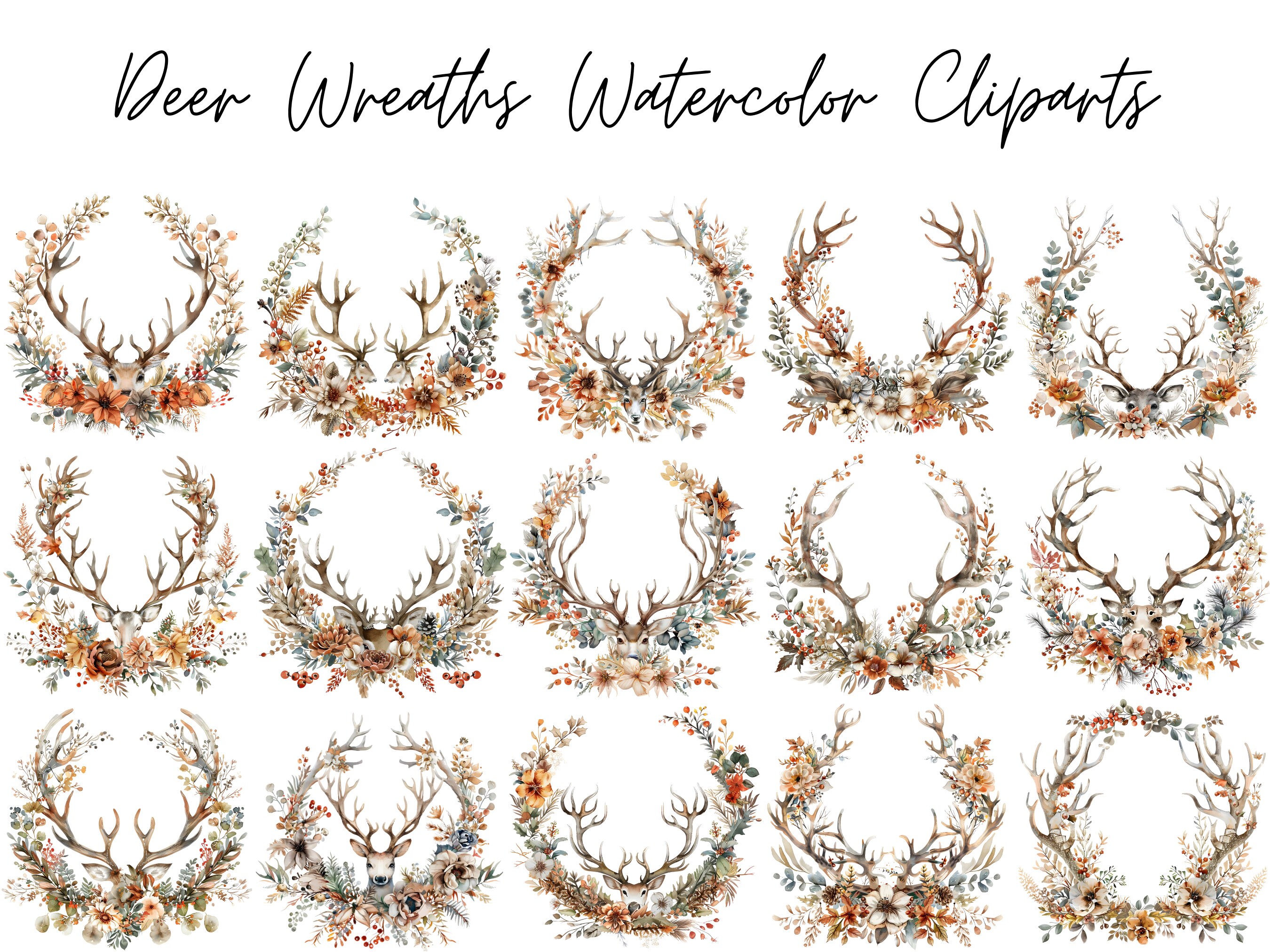 Watercolour Deer Wreath Clipart, Floral Deer Wreath Clipart, Floral ...