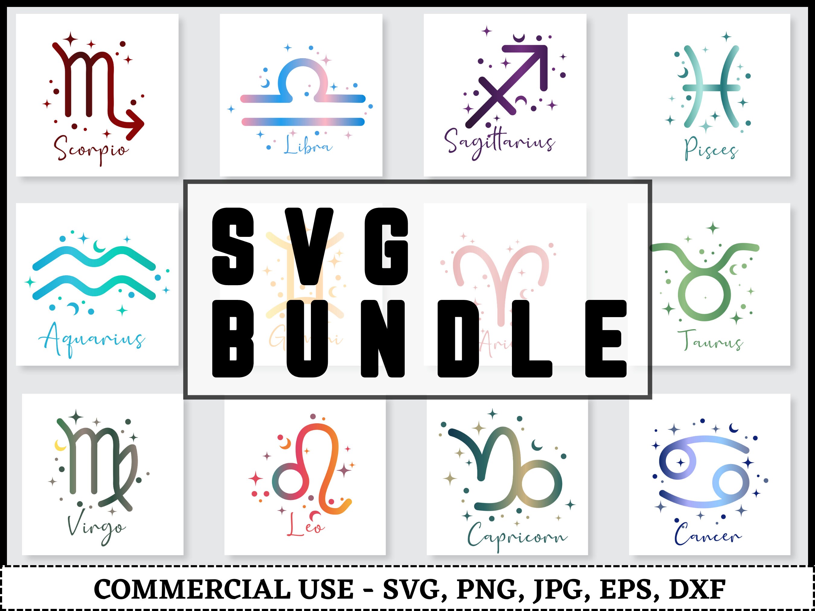 Zodiac Signs Svg Bundle, SVG, EPS, PNG, Bundle, Astrology, Zodiac Sign ...