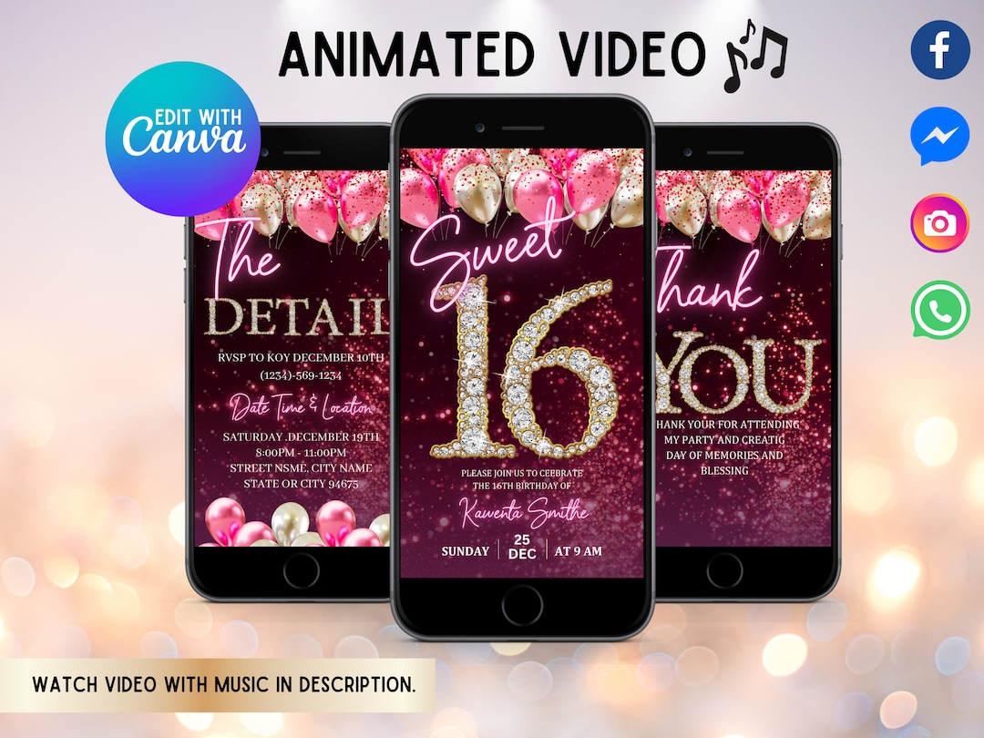 Digital Sweet 16 Birthday Invitation, Animated 16th Party Invite, Cute ...