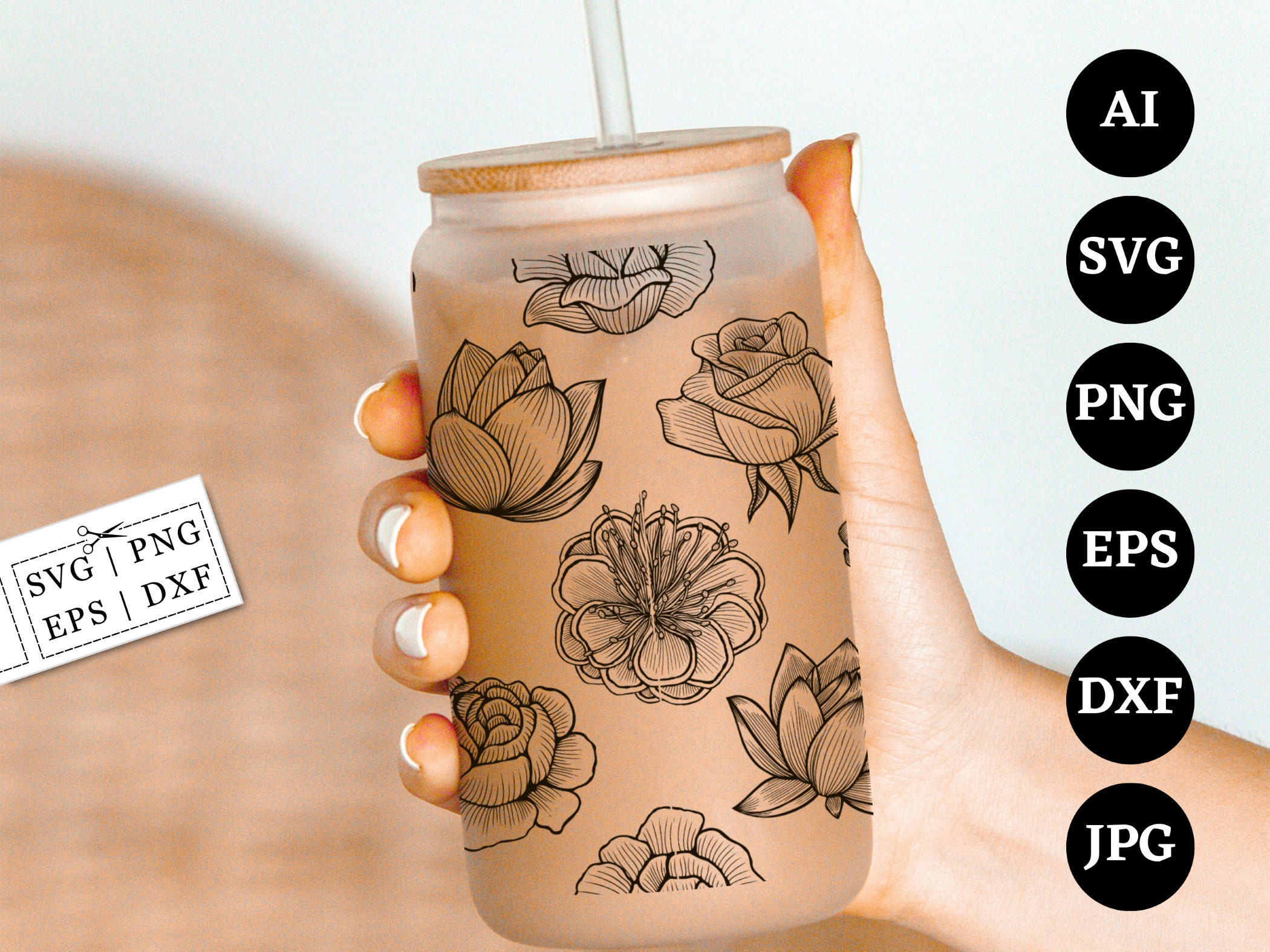 Glass Can Svg Bundle, Glass Can Svg, Coffee Glass Wrap Svg, Floral Wrap ...