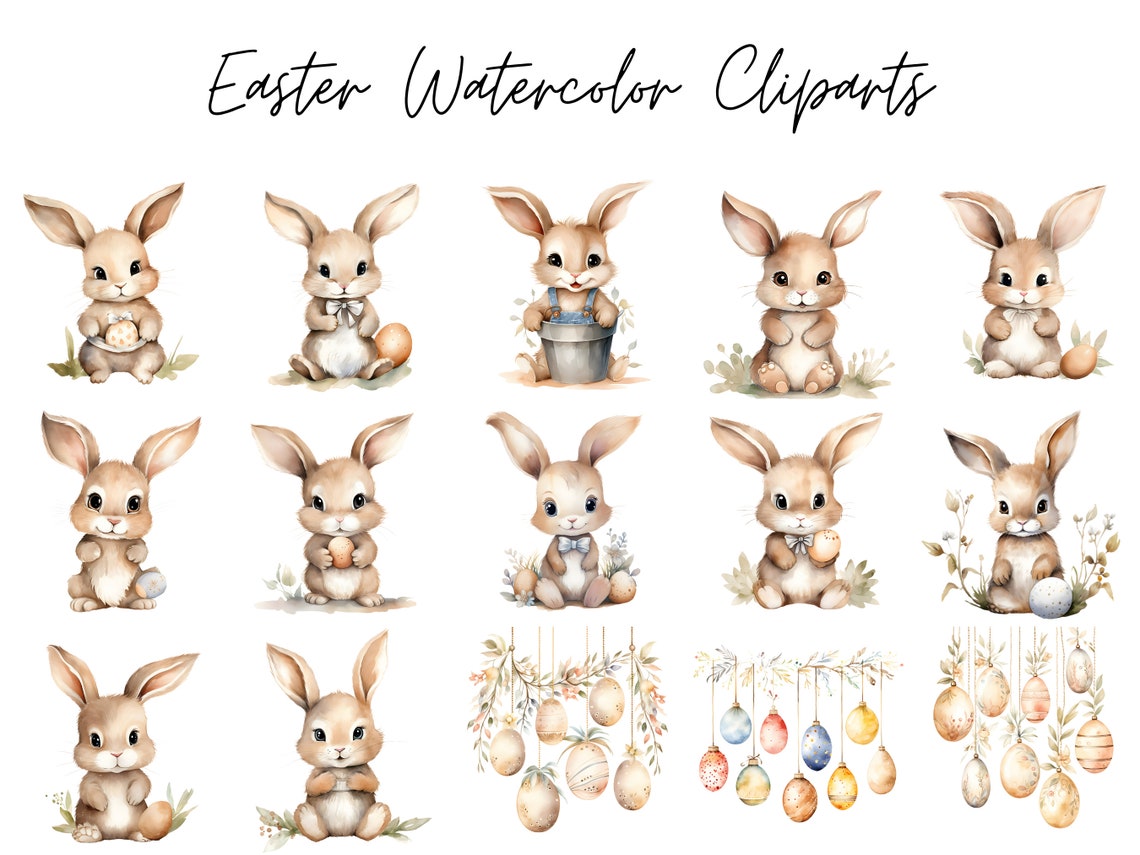 Watercolor Easter Clipart, Easter Bunny Graphics, Easter Eggs Png ...