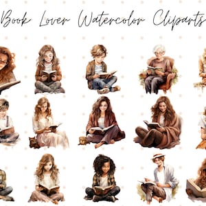 Watercolor Book Lover Clipart, Bookworm Clipart, Books Clipart, Reading ...