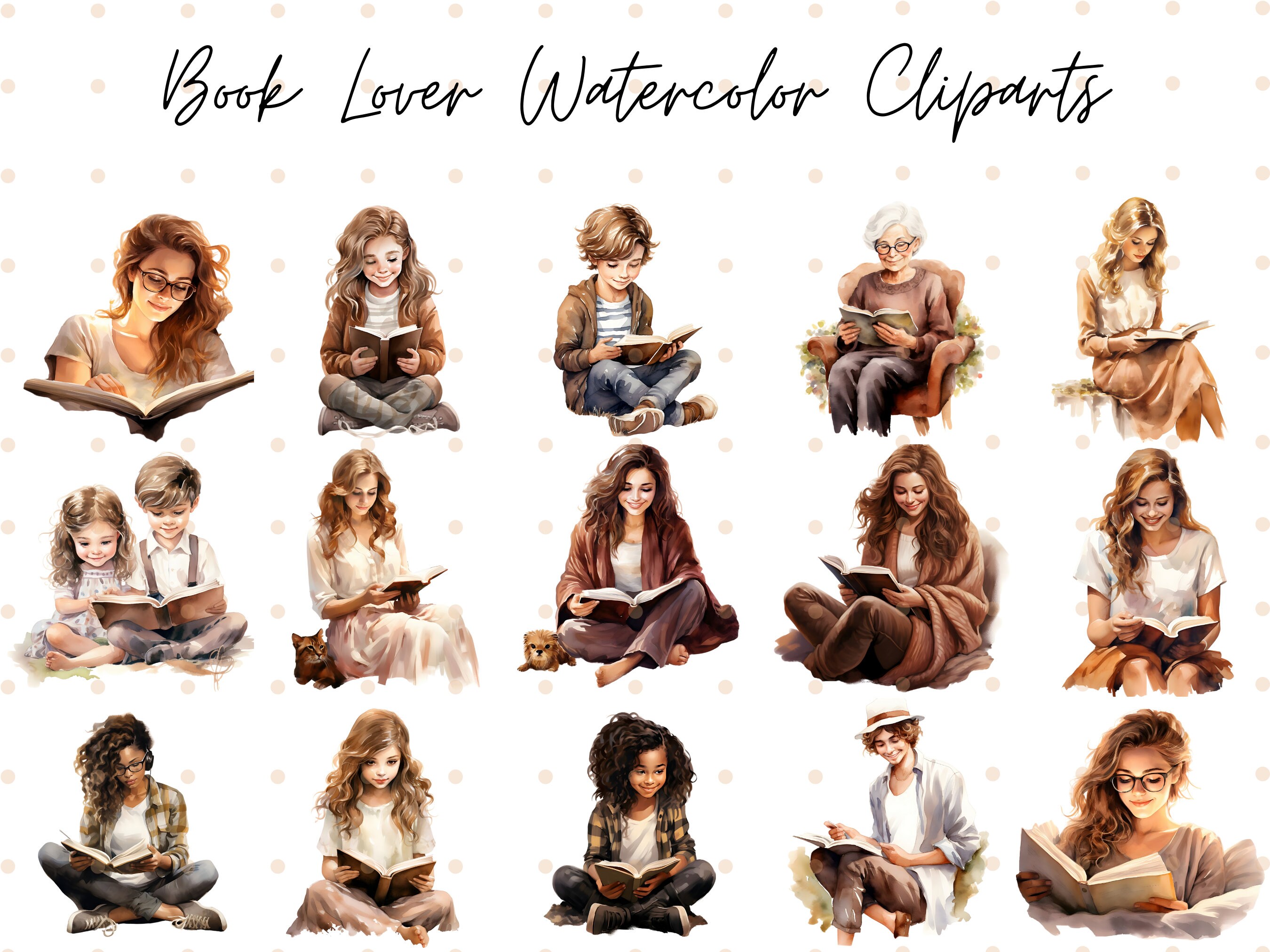 Watercolor Book Lover Clipart, Bookworm Clipart, Books Clipart, Reading ...
