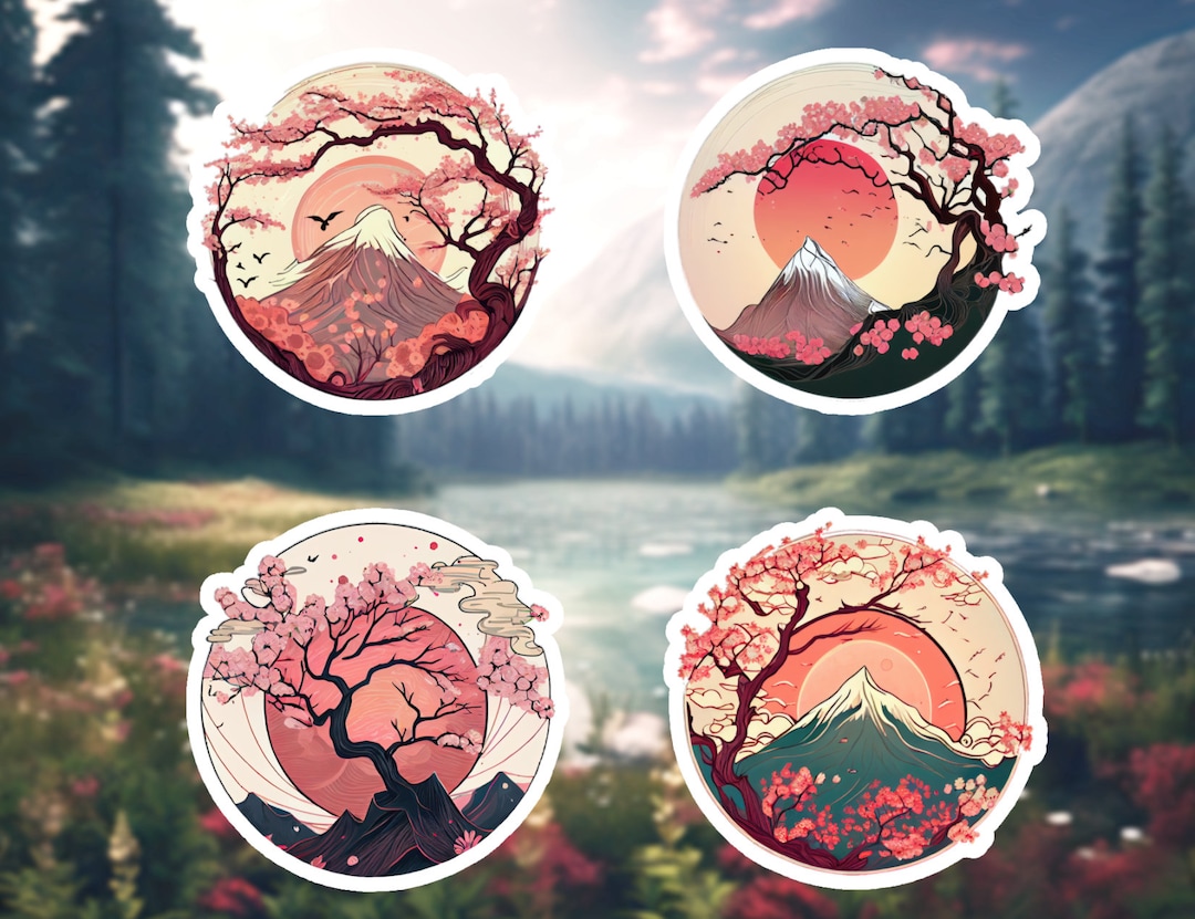 Japanese Cherry Blossom Sceneries - 4 Pack 2 Inch Waterproof Vinyl ...