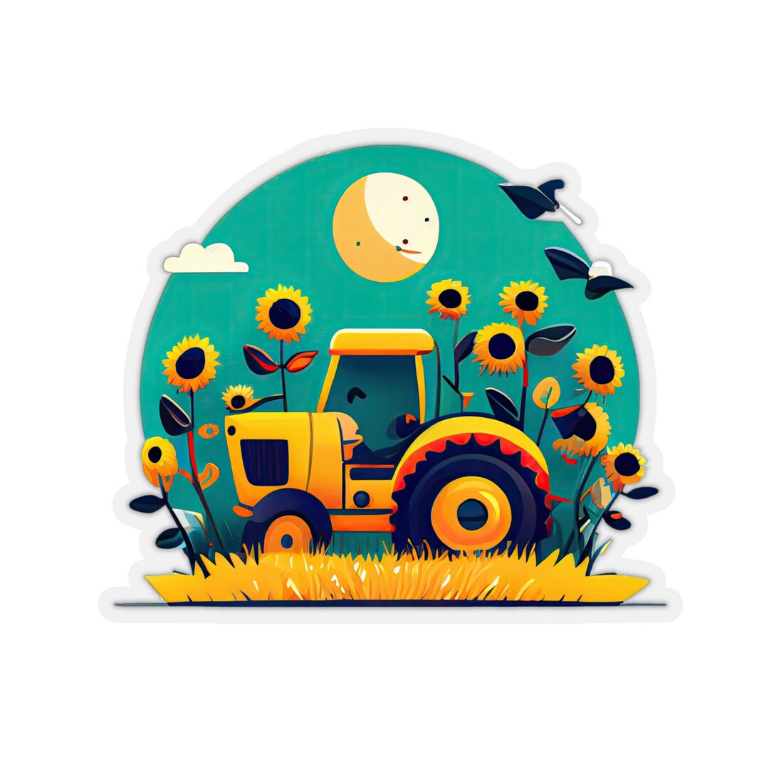 Waterproof Vinyl Sticker - Sunflower Tractor Round Vinyl Sticker - 2D ...