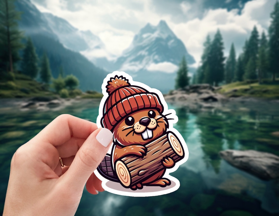 Enthusiastic Beaver in Winter Attire Holding Log - 2 Inch Waterproof ...