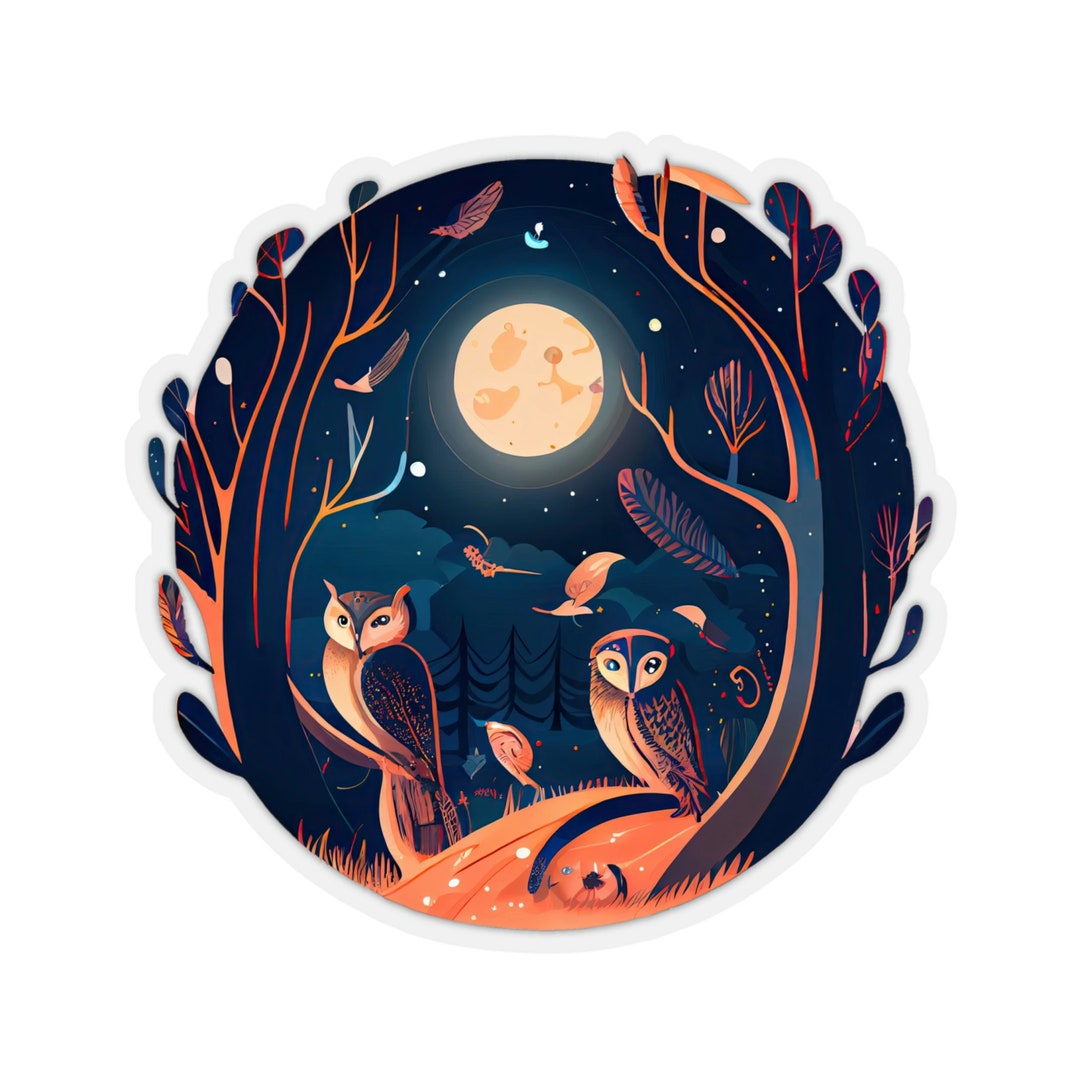 Nocturnal Owl Scene Sticker: Waterproof Vinyl Decal - Etsy