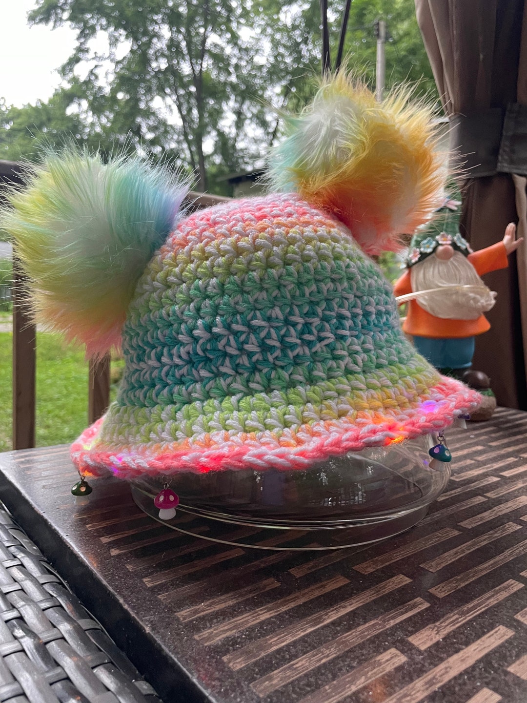 Rave-ready Crochet Hat - LED Light up Design With Fluffy Pom Pom Ears ...