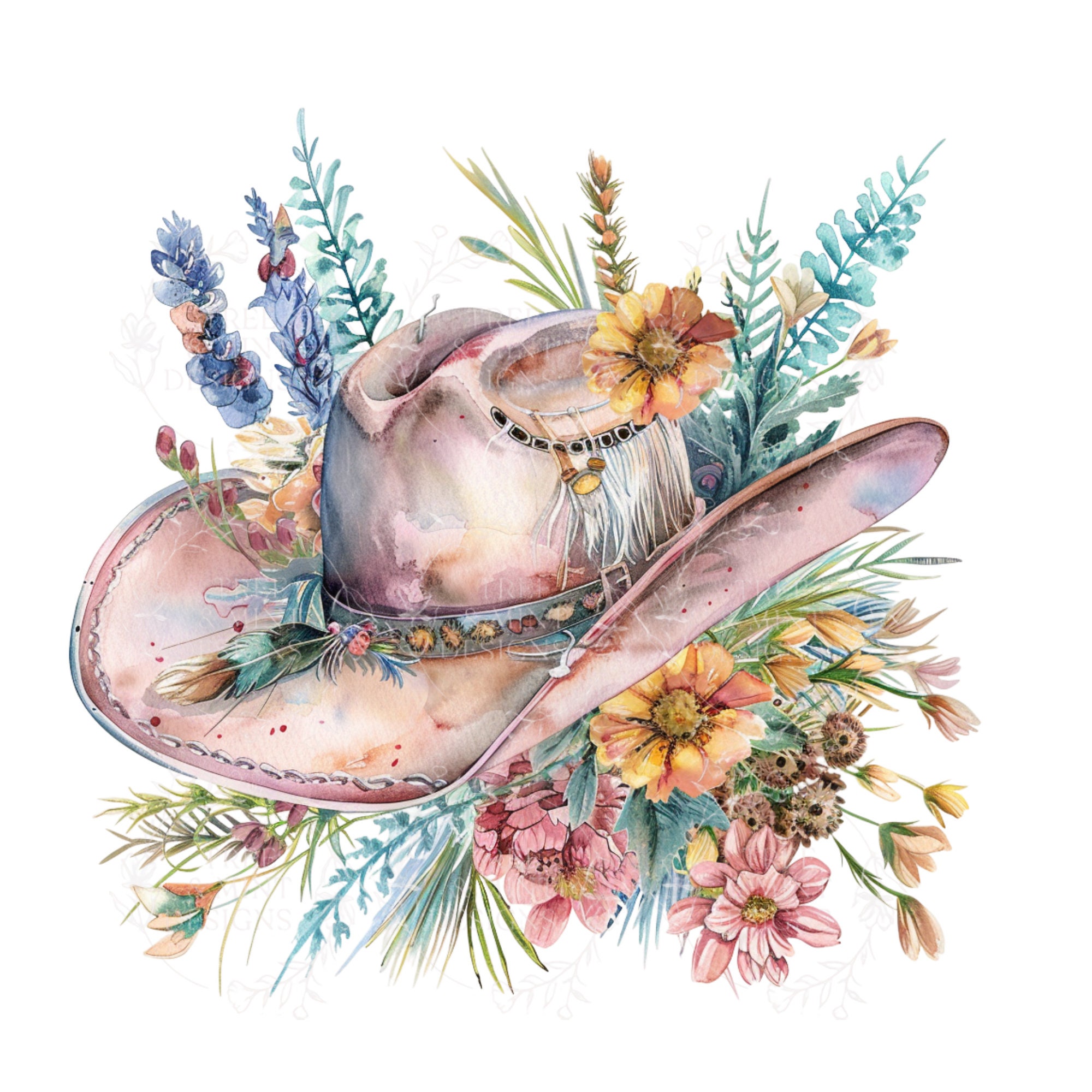 Boho Cowgirl Hat Clipart, Floral Western Hat Clipart, Digital Download ...