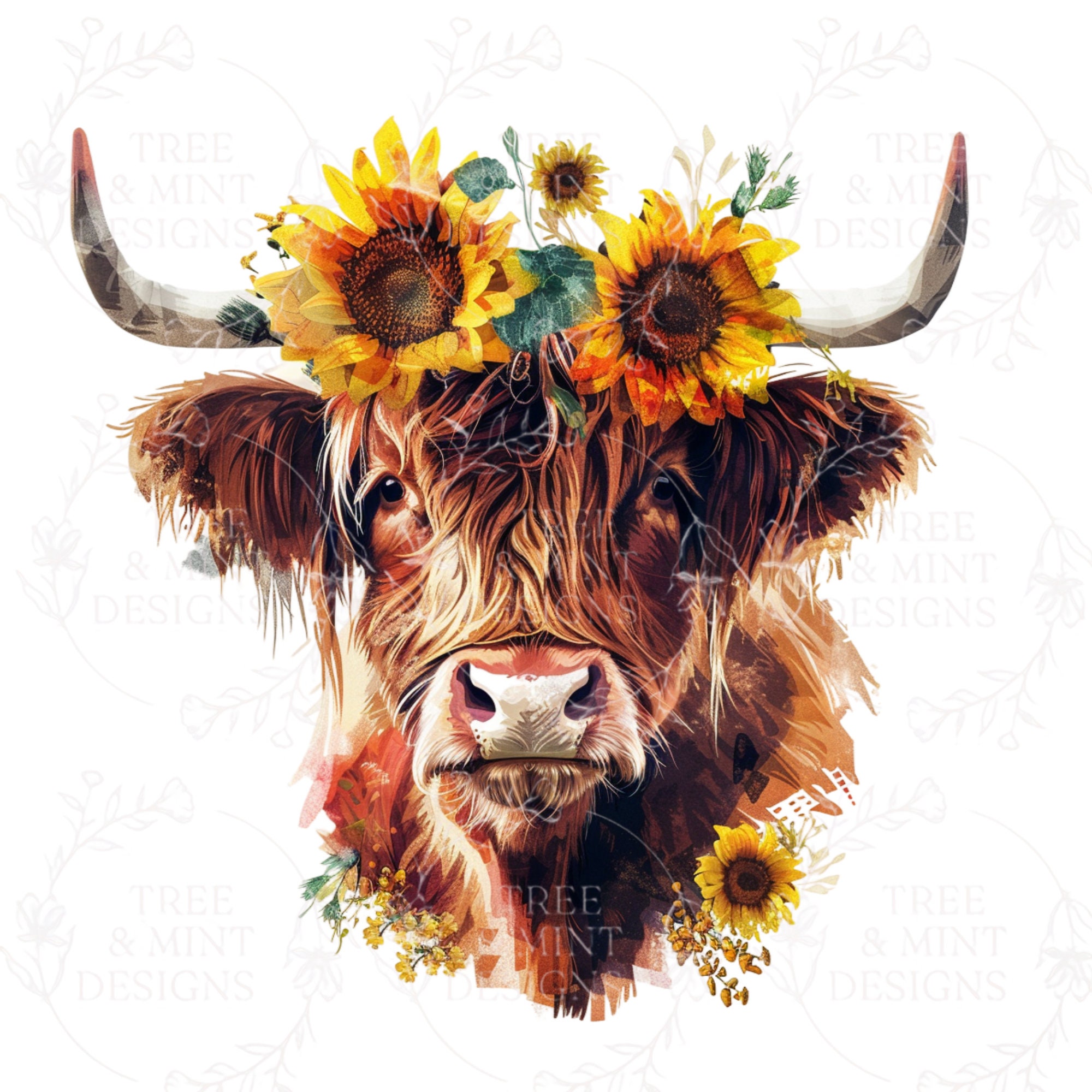 Highland Cow With Sunflowers, Watercolor Highland Cow PNG, Farmyard ...