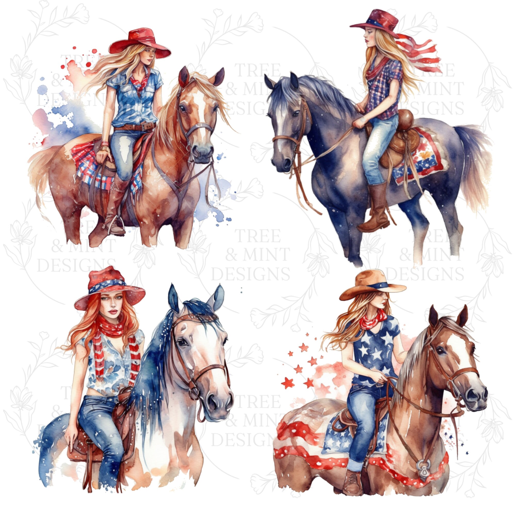 Patriotic Girl Rider Clipart, Watercolor 4th of July Girl on Horse, 4th ...