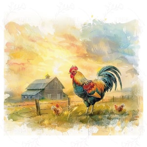 Watercolor Farmyard Sunrise Clipart, Printable Rooster Image, Farmyard ...