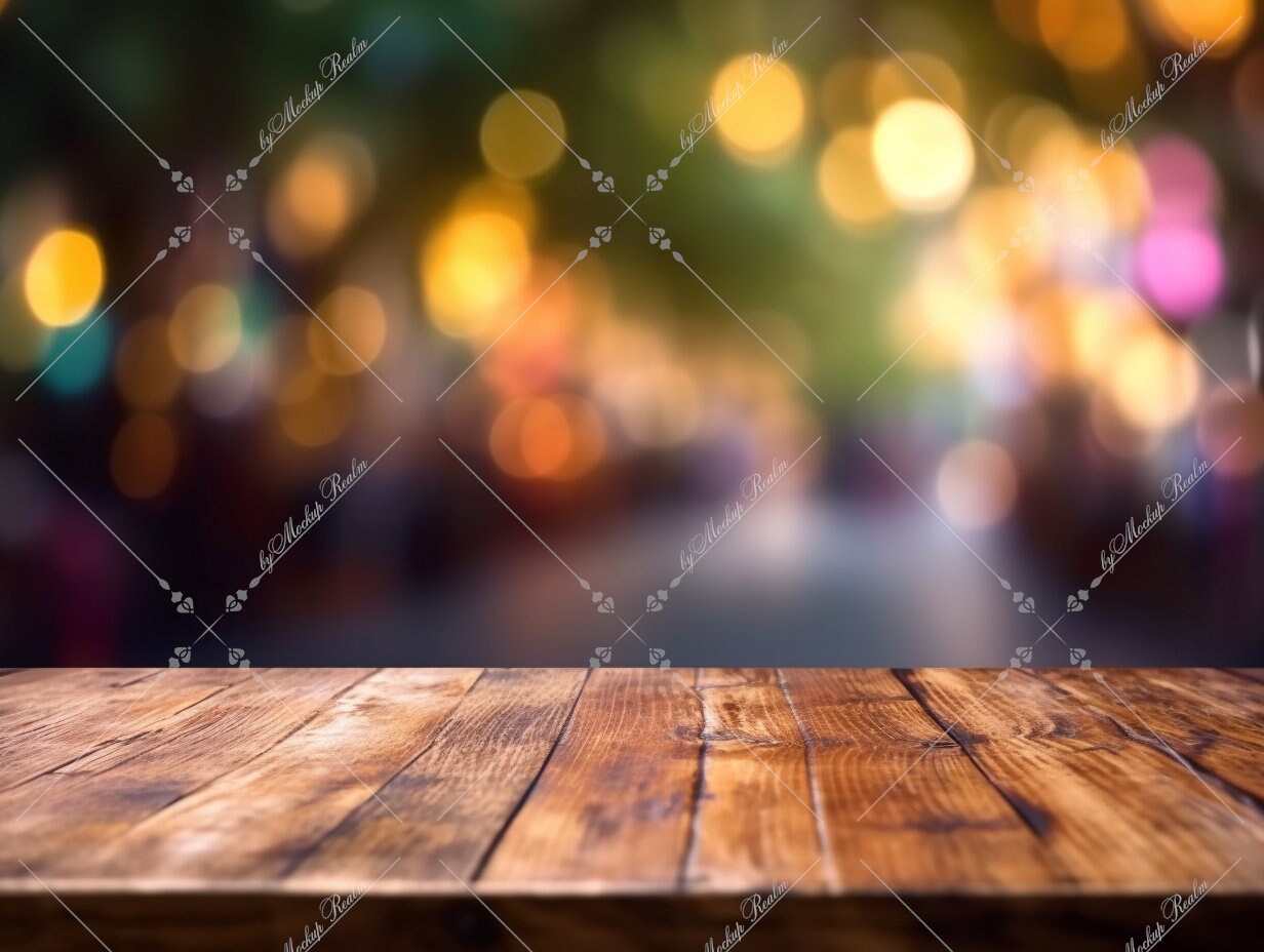 Wooden Tabletop Surface Street Lights Mockup for Products Like Mugs ...