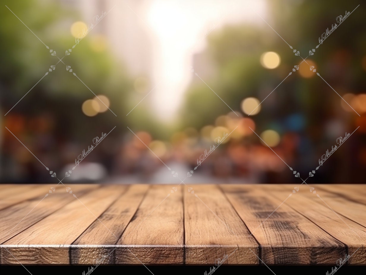 Wooden Tabletop Surface Street Lights Mockup for Products Like Mugs ...