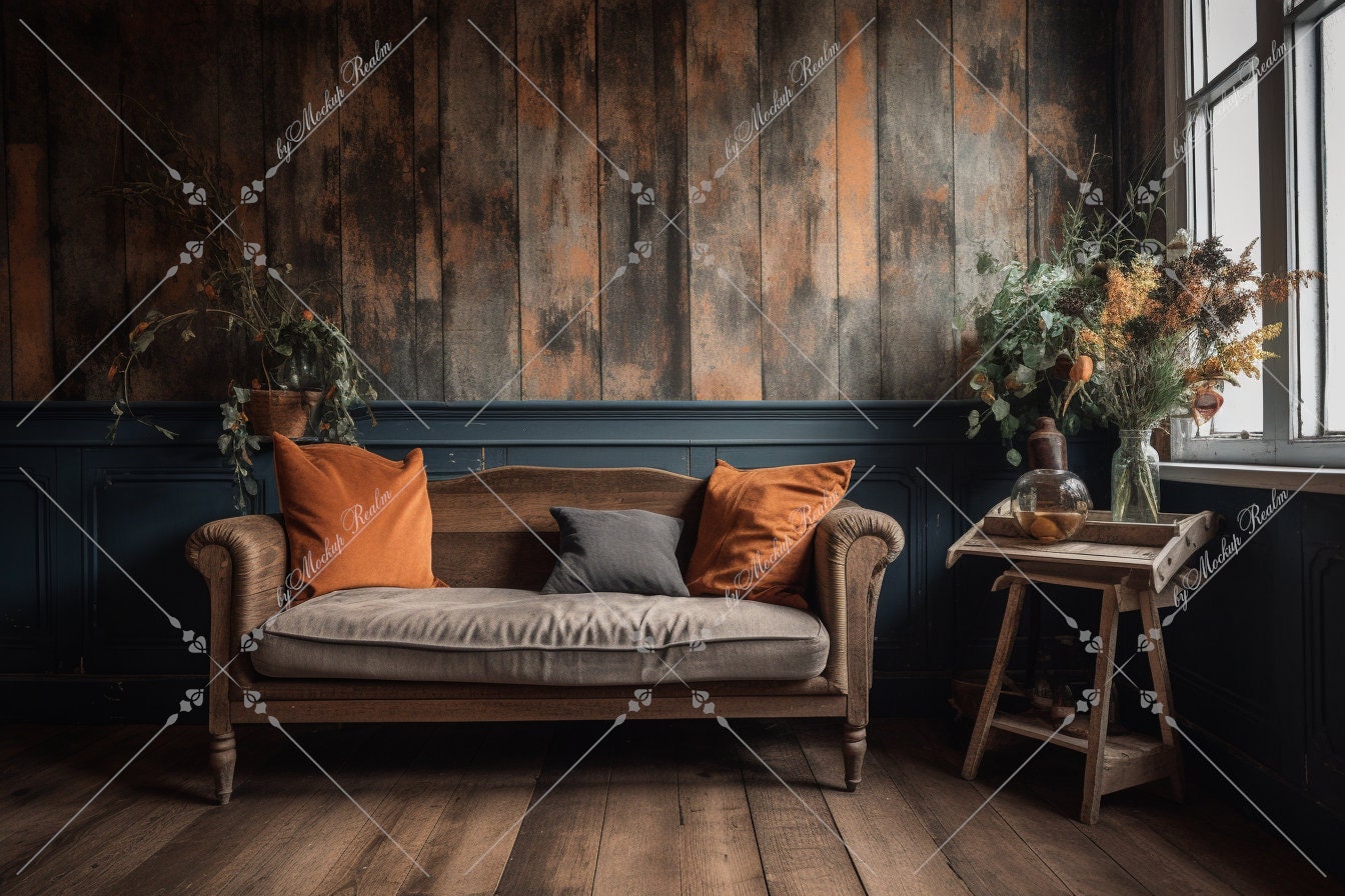 Cottage Farmhouse Living Room Mockup 4x, Backdrop, Rural Empty Wall ...