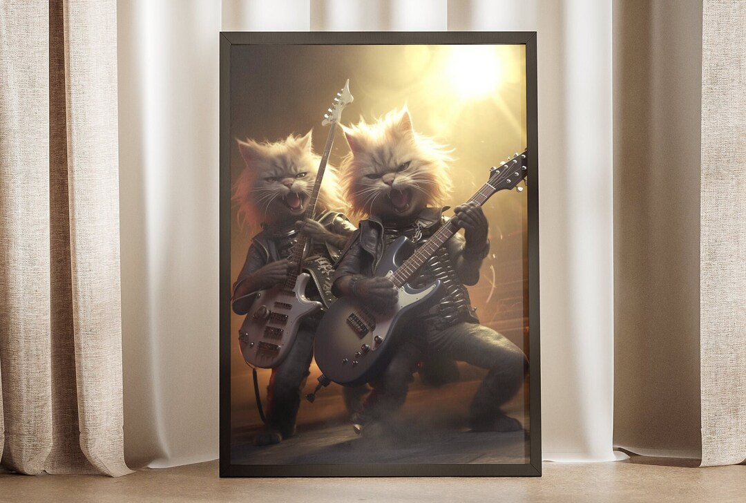 Realistic Twin Cats Playing Guitar: Heavy Metal Music Themed Art Poster ...