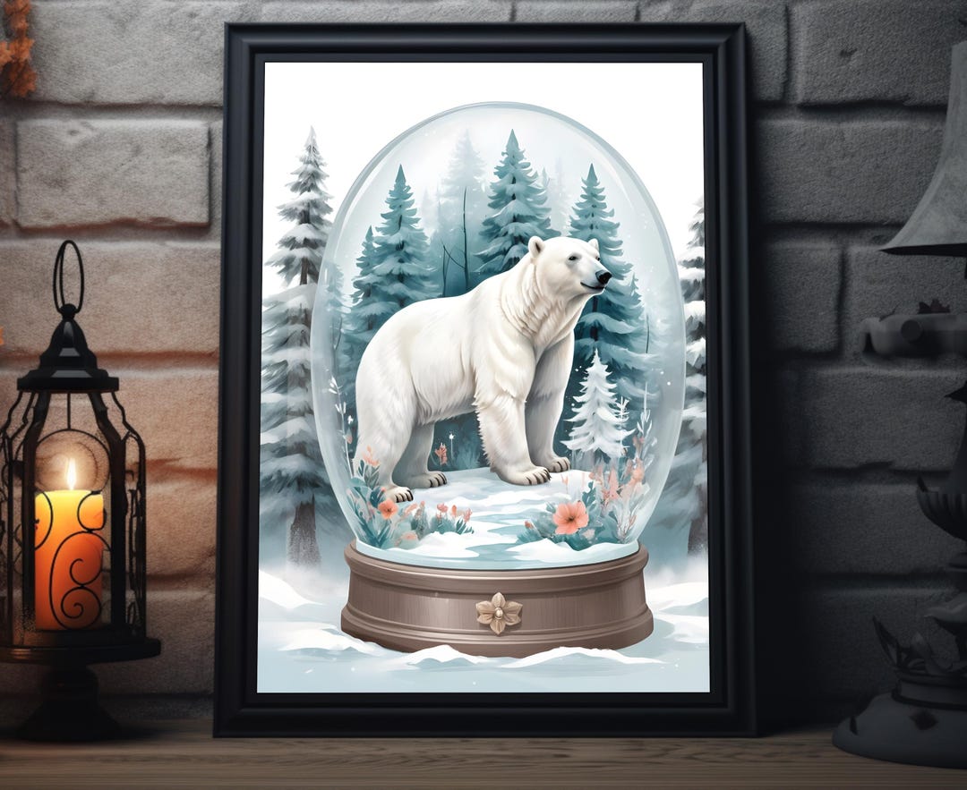 Polar Bear Snowglobe Art Print Boho Winter Painting Artwork, Christmas ...
