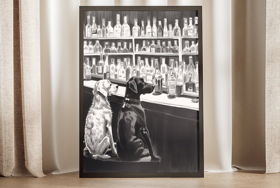 Dog at the Bar Inked Sketch Style Poster - Bar Cart Art Print, Beer ...
