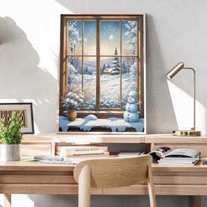 Snowy Window View With Snowman Art Print Winter Landscape Painting ...