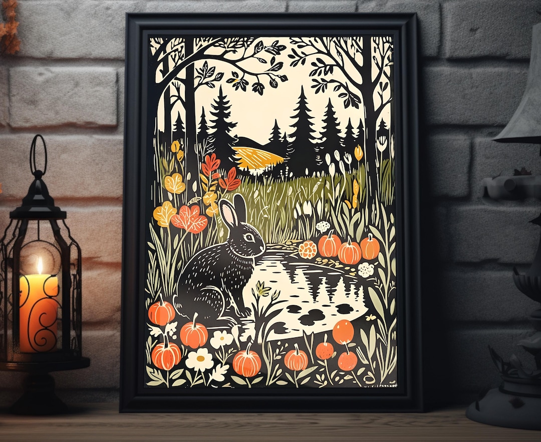 Fall Rabbit Woodcut Illustrative Art Print | Pumpkin Wall Art, Fall ...