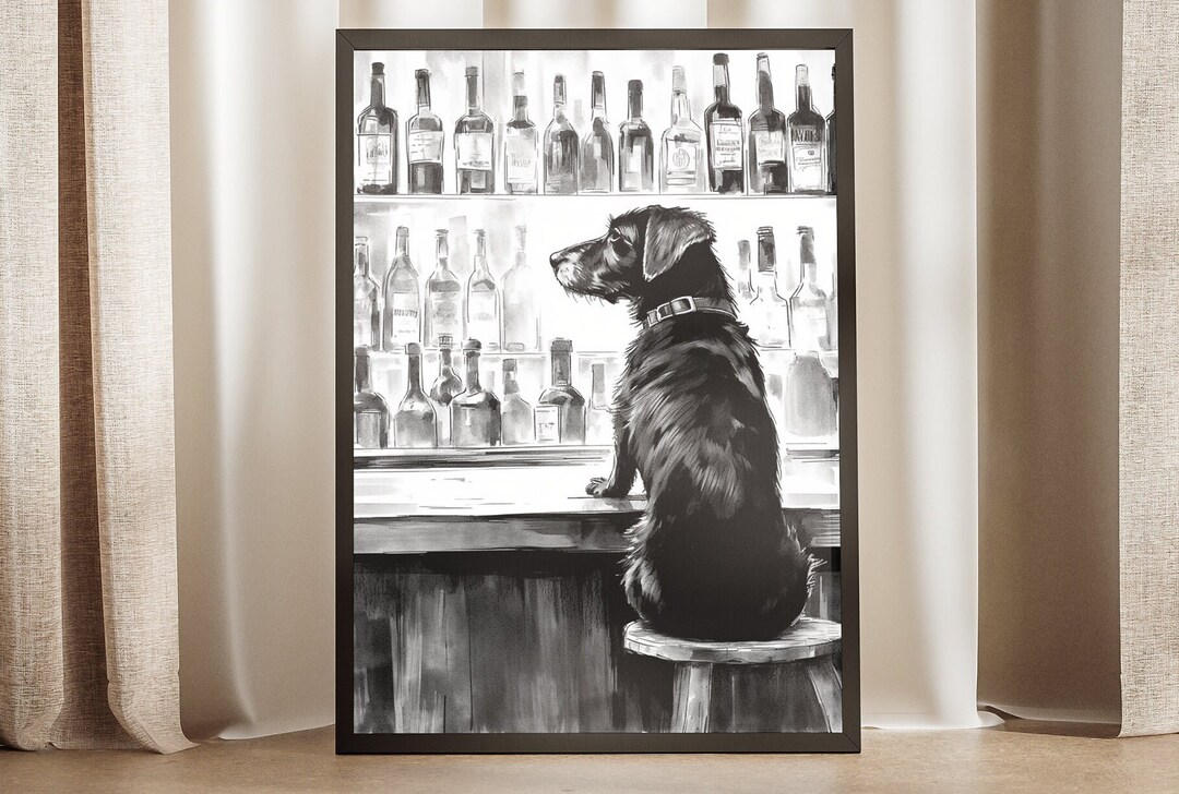 Dog at the Bar Inked Sketch Poster - Bar Cart Art, Craft Beer Decor ...