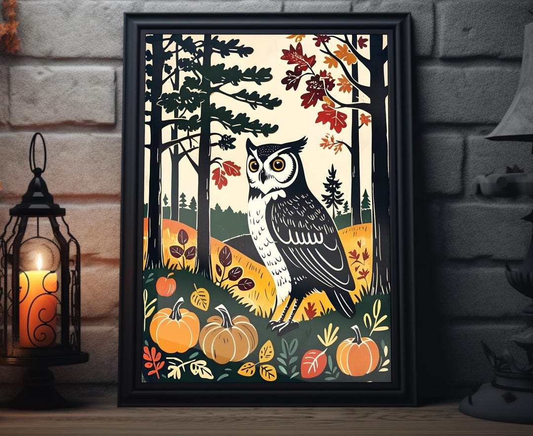 Fall Owl Woodcut Illustrative Art Print Pumpkin Forest Wall Art, Fall ...