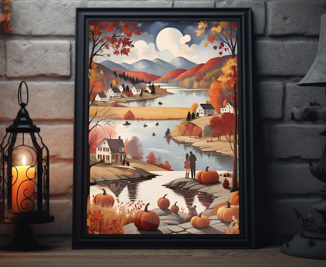 Fall Lakeview Abstract Folk Art Print Autumn Pumpkin Wall Art, Fall ...