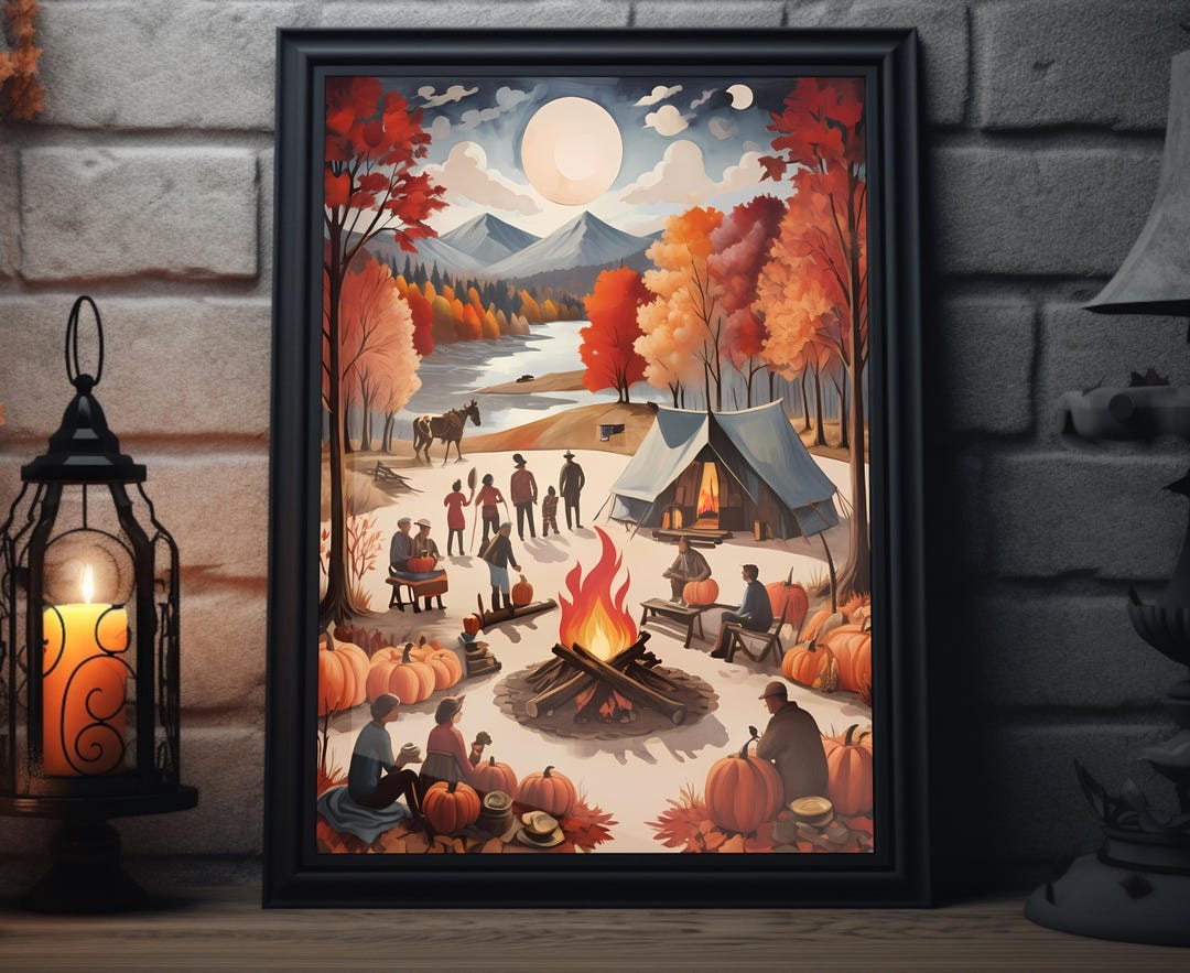 Autumn Campfire Abstract Folk Art Print Thanksgiving Pumpkin Wall Art ...