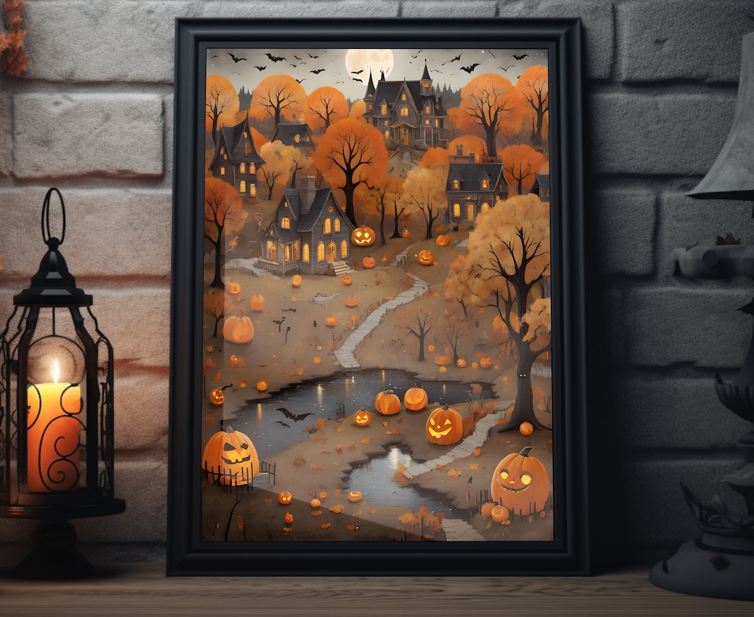 Scenic Halloween Folk Art Print | Vintage Halloween Pumpkin Wall Art ...