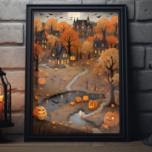 Scenic Halloween Folk Art Print | Vintage Halloween Pumpkin Wall Art ...