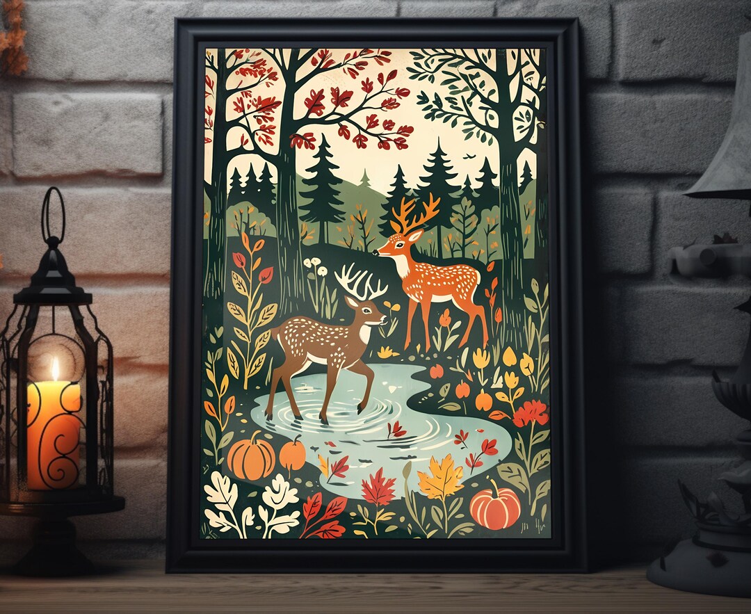 Fall Deer Woodcut Illustrative Art Print | Pumpkin Forest Wall Art ...
