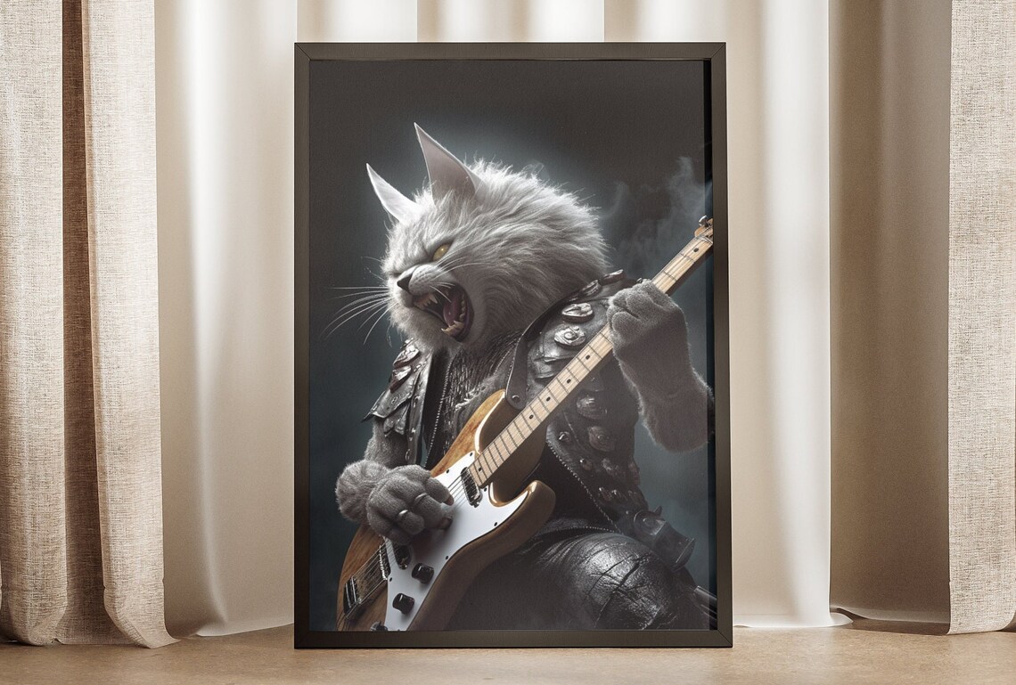Realistic Cat Playing Guitar Art Poster: Aesthetic Home Decor - Etsy