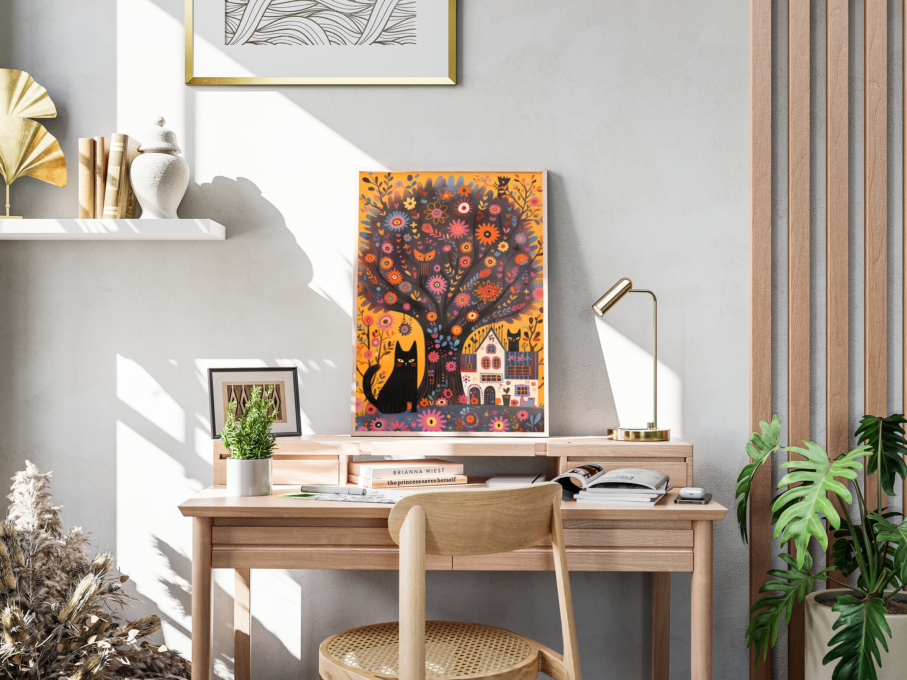 Vintage Spooky Folk Art: Black Cat Floral Poster - Etsy