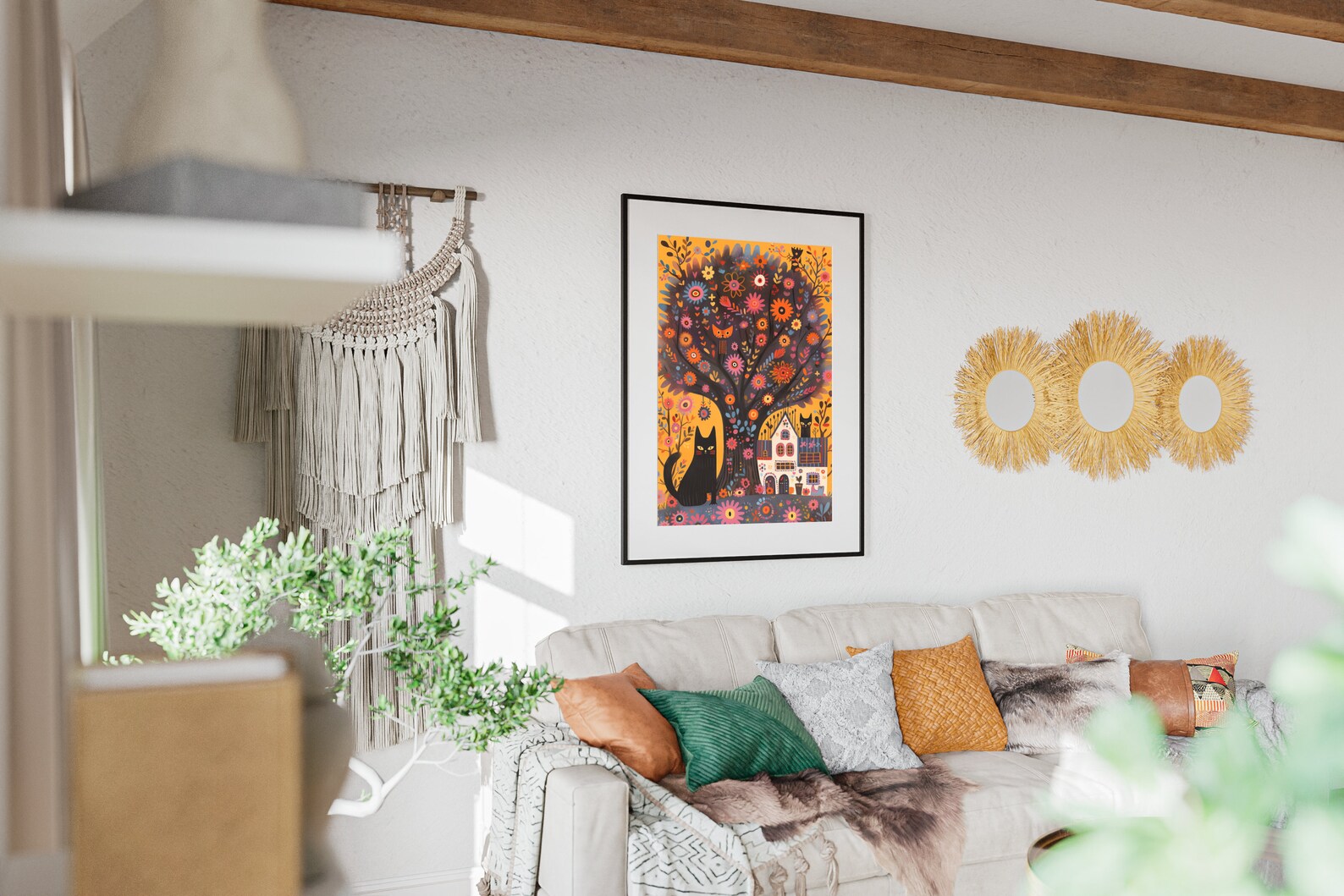 Vintage Spooky Folk Art: Black Cat Floral Poster - Etsy