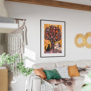 Vintage Spooky Folk Art: Black Cat Floral Poster - Etsy